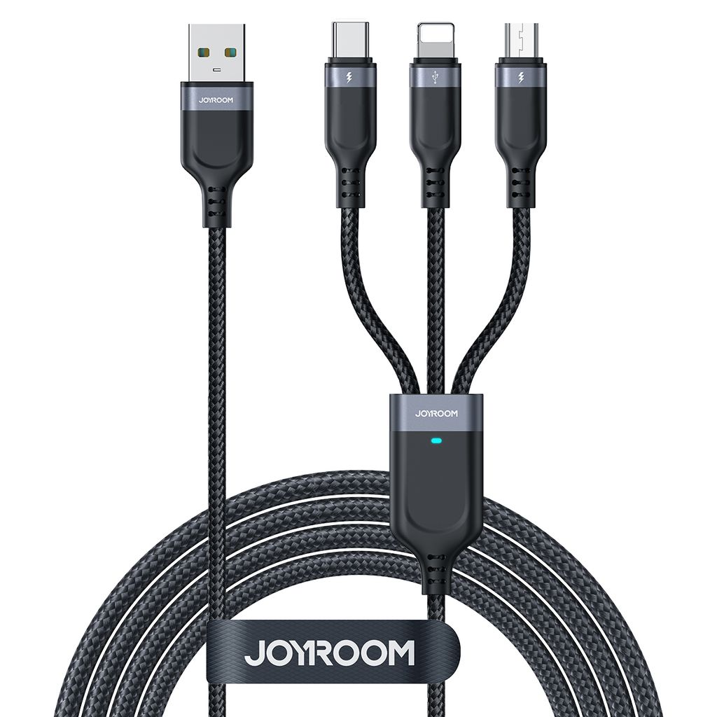 Joyroom 3-i-1 USB-A till Lightning/USB-C/Micro USB-kabel 3,5A, 1,2m - Svart - Teknikdelar.se